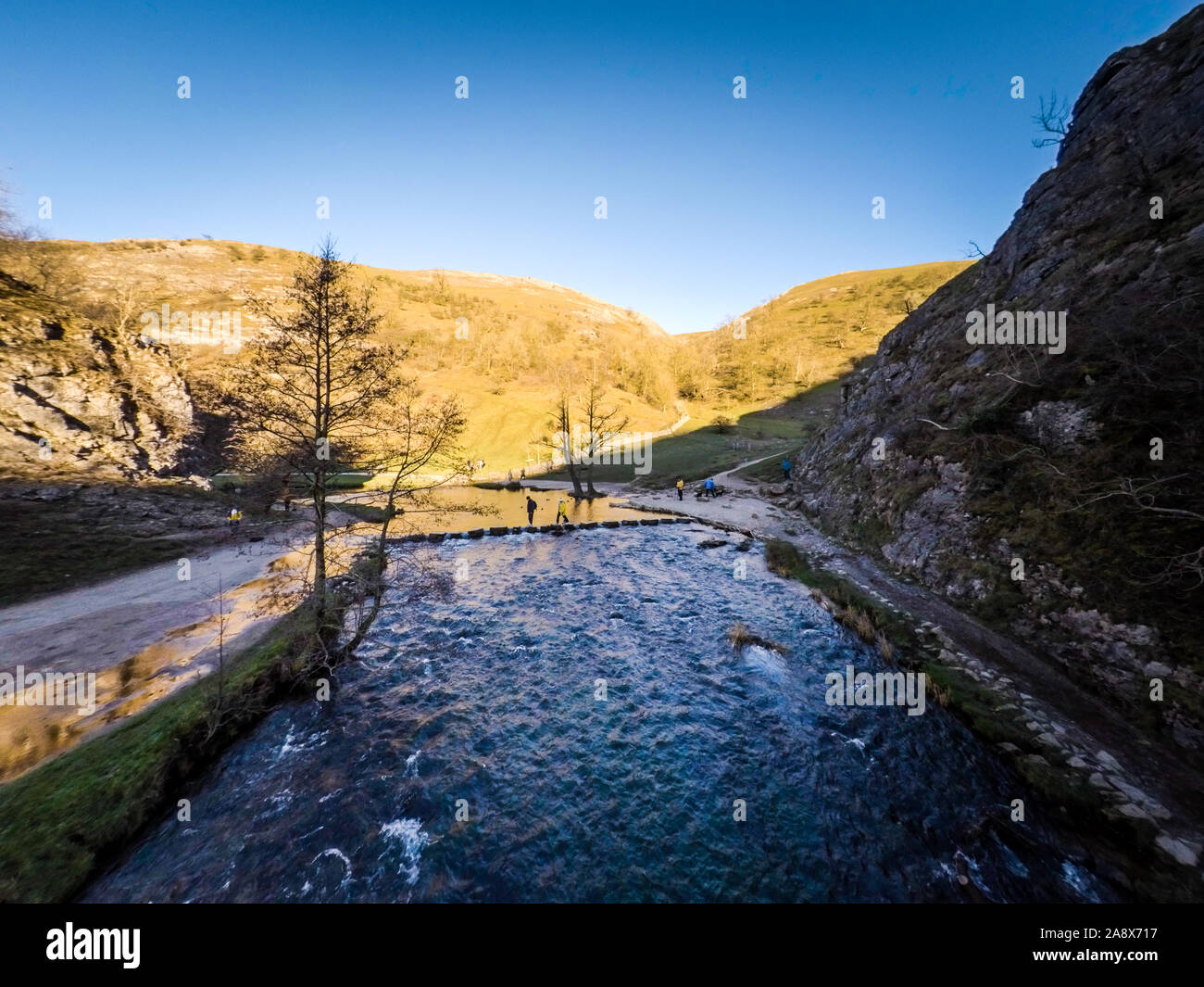 Aerial views of the stunning Dovedale stepping stones and mountains in ...