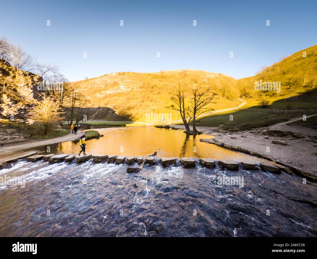 Aerial views of the stunning Dovedale stepping stones and mountains in ...