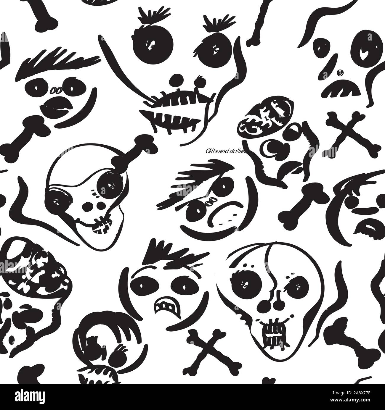 Seamless pattern of spooky faces of dead and bones, on white Stock ...