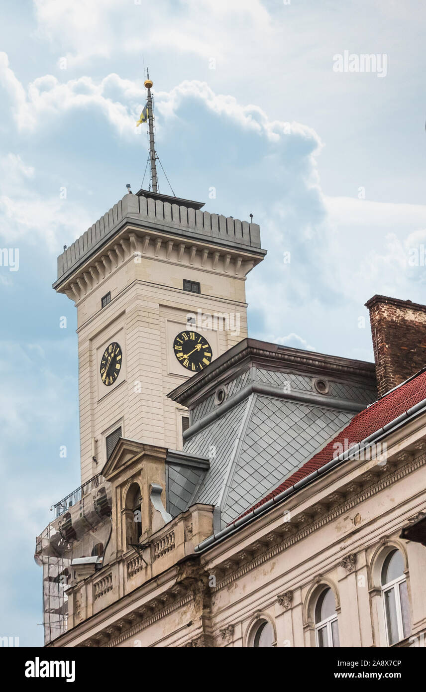 Old Town Hall In Europe. Tower Clock Face With Roman Numerals And ...