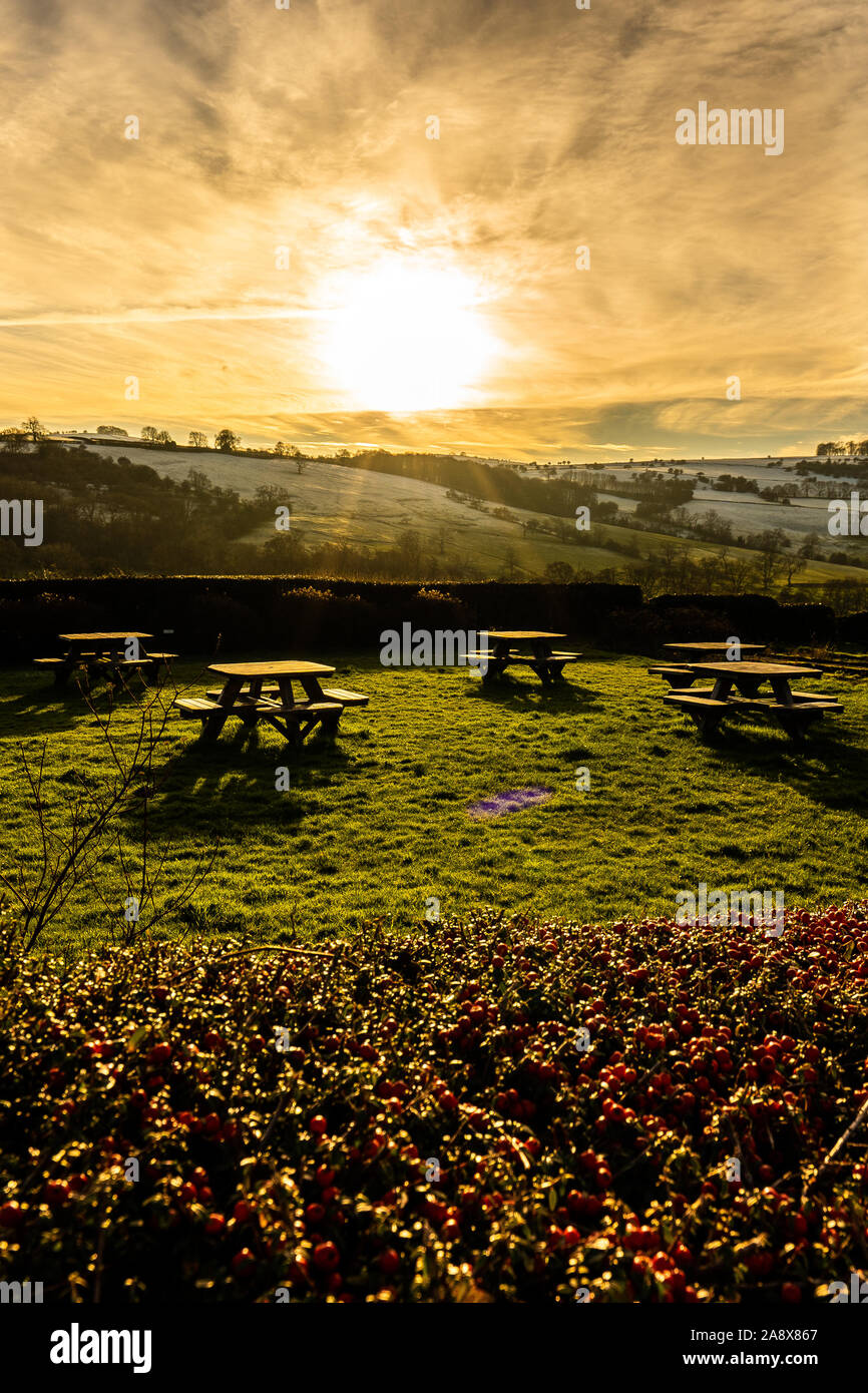 Sunset over some picnic tables in the glorious Derbyshire peak district ...