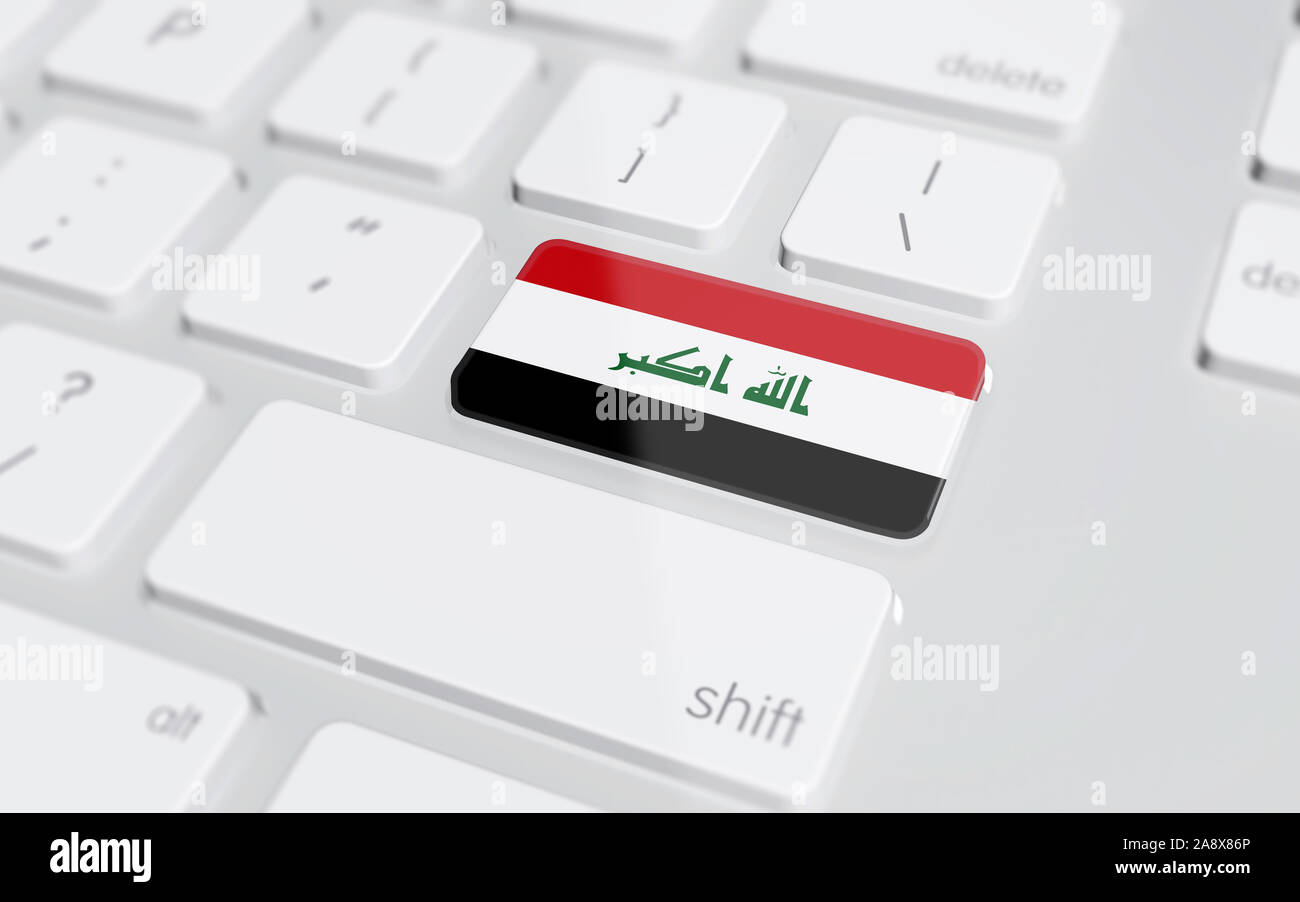 Laptop or desktop computer keyboard focus on one key with Iraq flag on ...