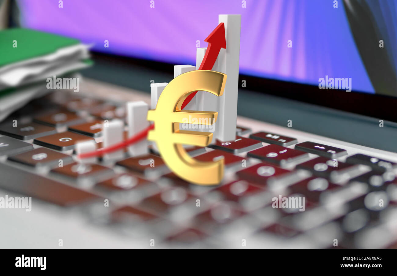 Euro Symbol on a laptop computer keyboard focus on it with a financial ...
