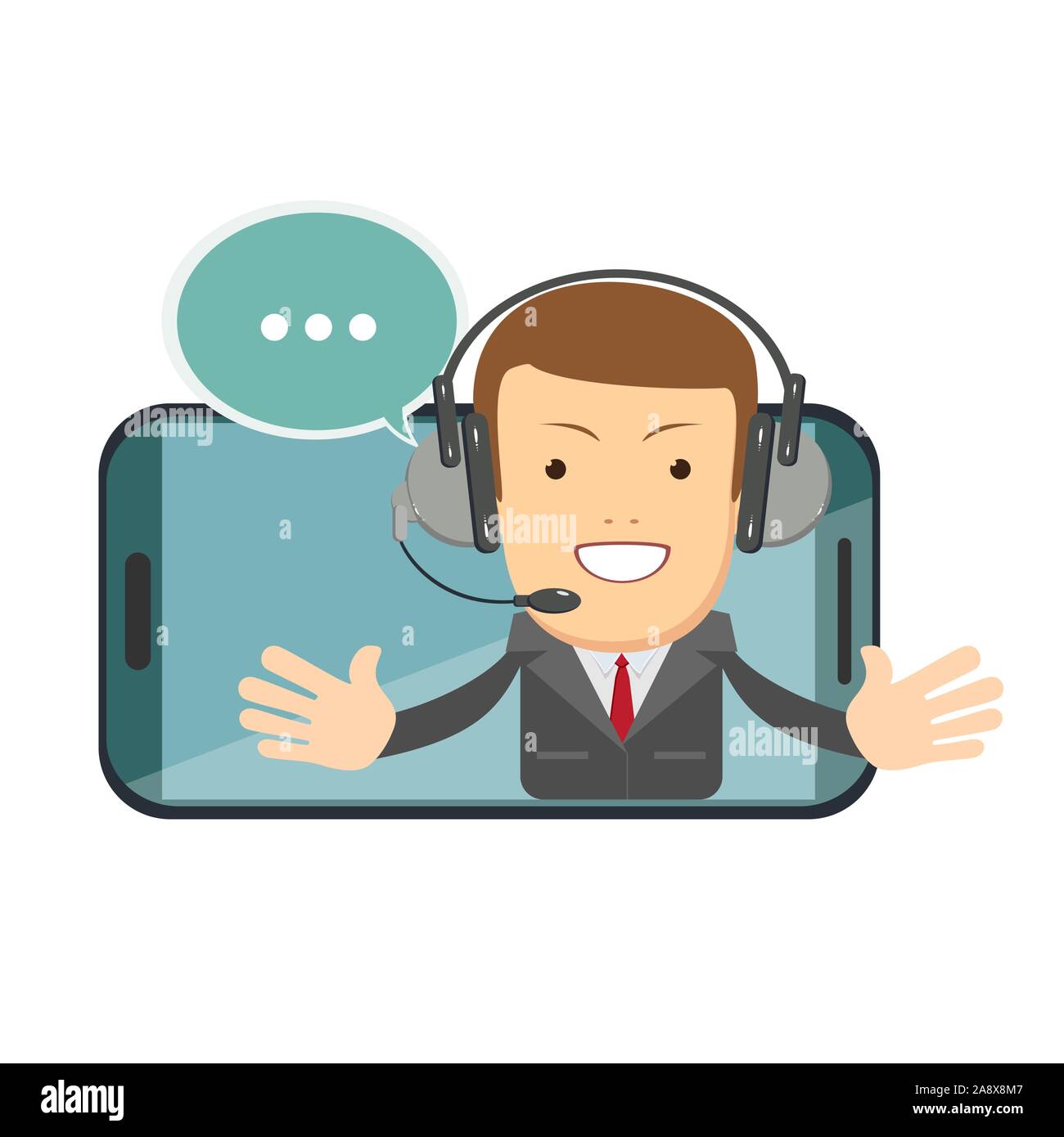 Smiling male operator with headset speaking from screen of a smart ...