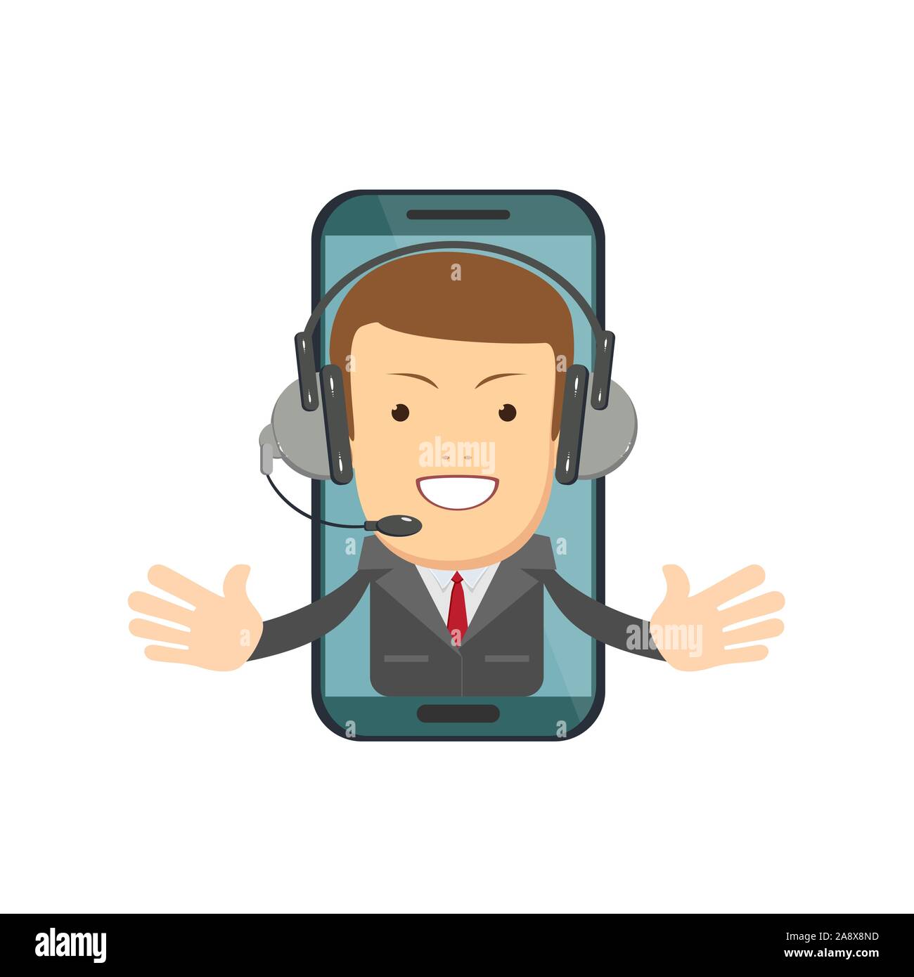 Smiling male operator with headset speaking from screen of a smart ...