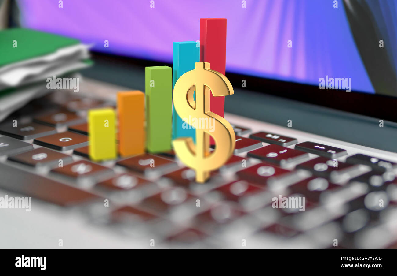 Dollar Sign on a laptop computer keyboard focus on it with a financial ...