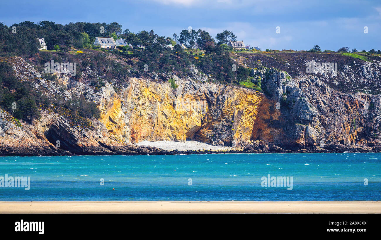 Beautiful village of Morgat with the sand beach and rocky coastline ...