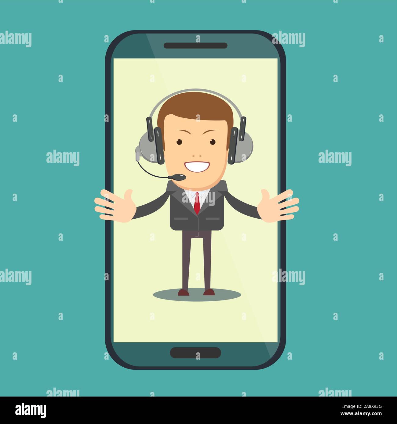 Smiling male operator with headset speaking from screen of a smart ...