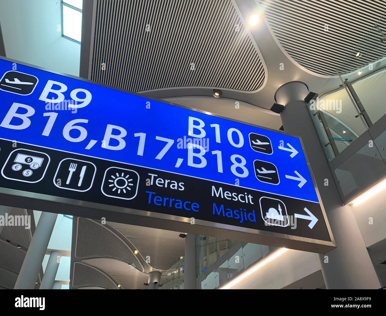 Close up view of gate info signage at new Istanbul airport Stock Photo ...