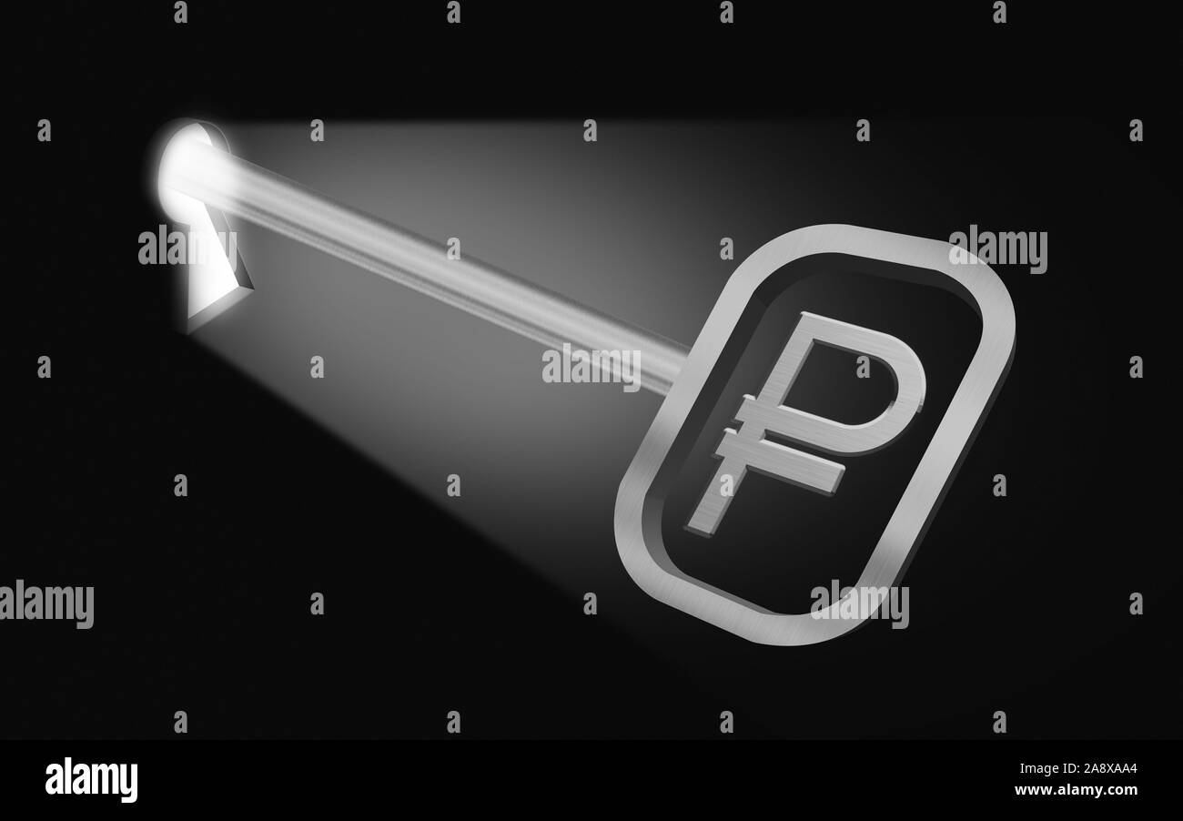 Russian Ruble symbol on a key is opening a door while a bright glowing ...