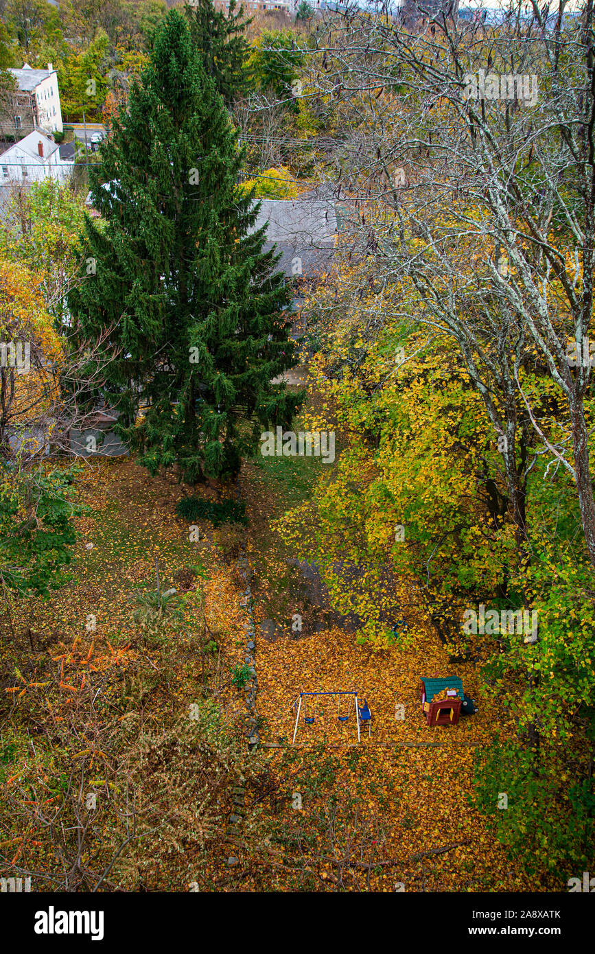 aerial shot of backyards on a late fall Stock Photo - Alamy