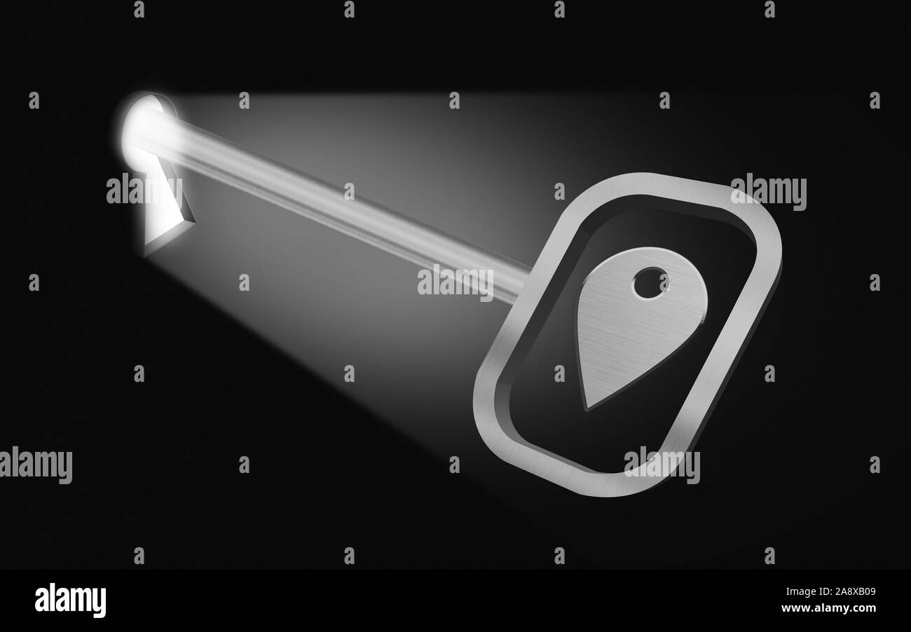 Location Pin symbol on a key is opening a door while a bright glowing ...