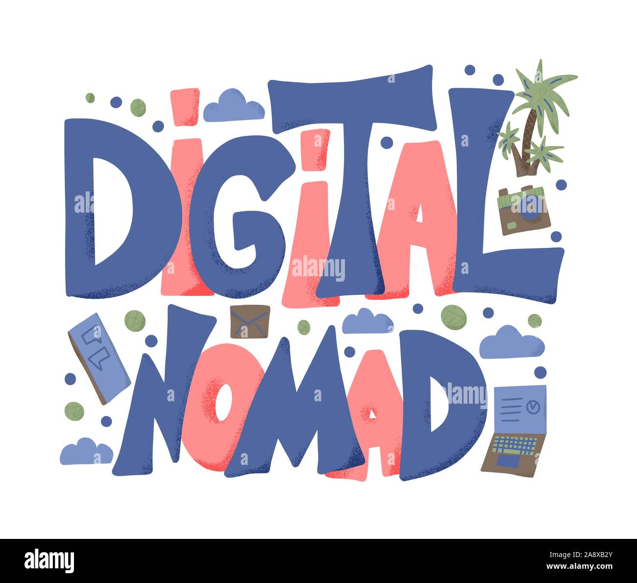 Digital nomad text emblem with decor. Feelance. Vector illustration ...