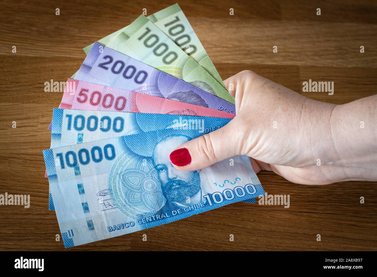 Chilean pesos, banknotes in a woman's hand Stock Photo - Alamy