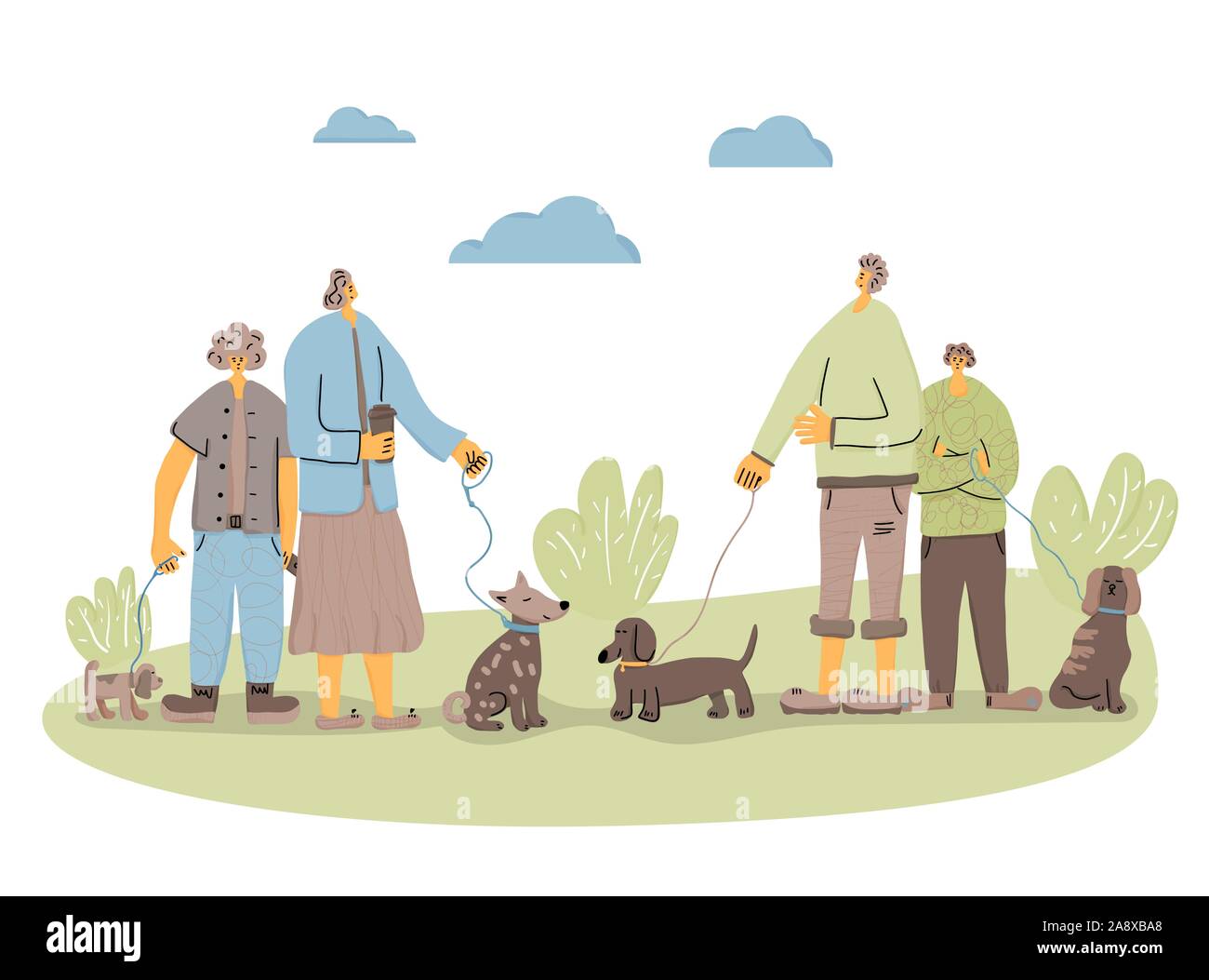 Dogs owners standing with pets and talking about lifestyle. Two family ...