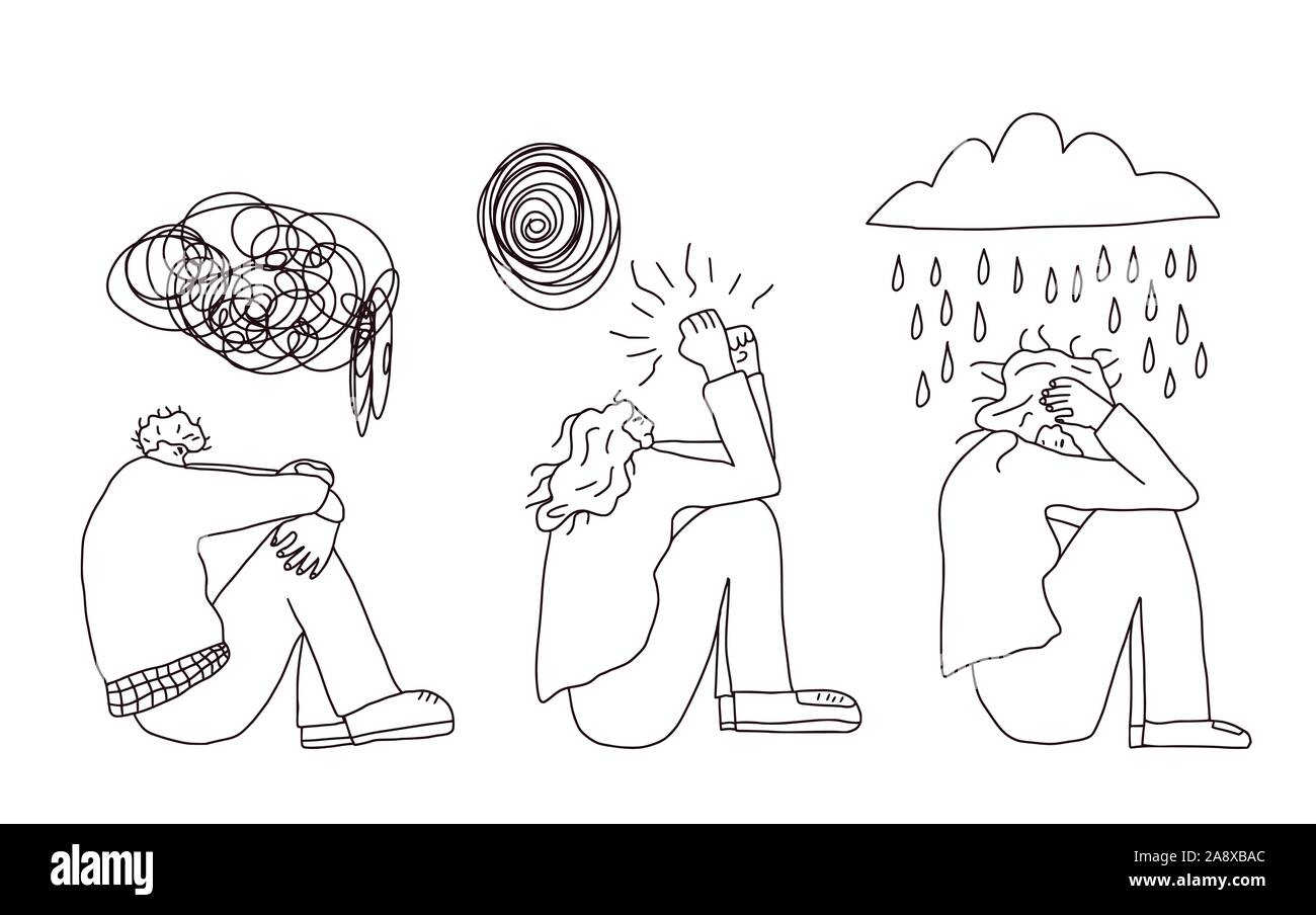 Mental disoder. Young people sitting on the floor with depression, anxiety, stress isolated on ...