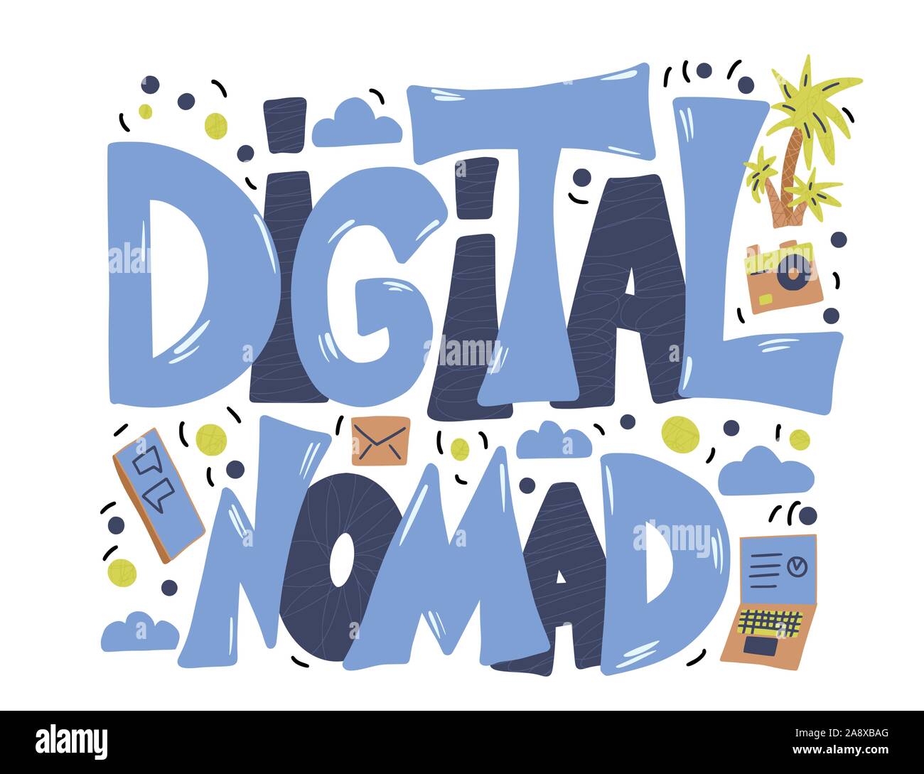 Digital nomad text emblem with decor. Feelance. Vector illustration ...