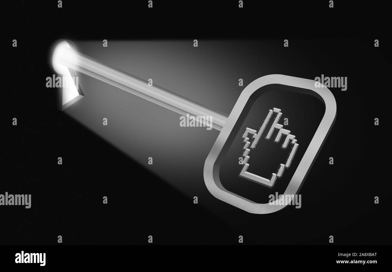 Mouse Click symbol on a key is opening a door while a bright glowing ...