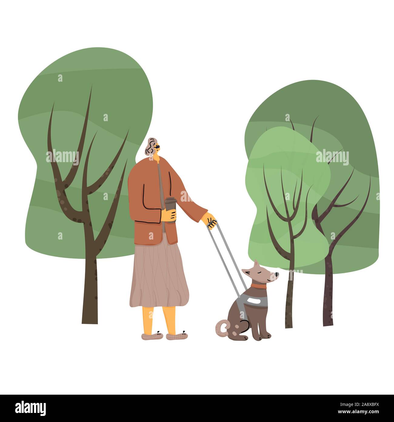 Blind person with her seeing-eye dog. Woman wallking with a guide dog ...