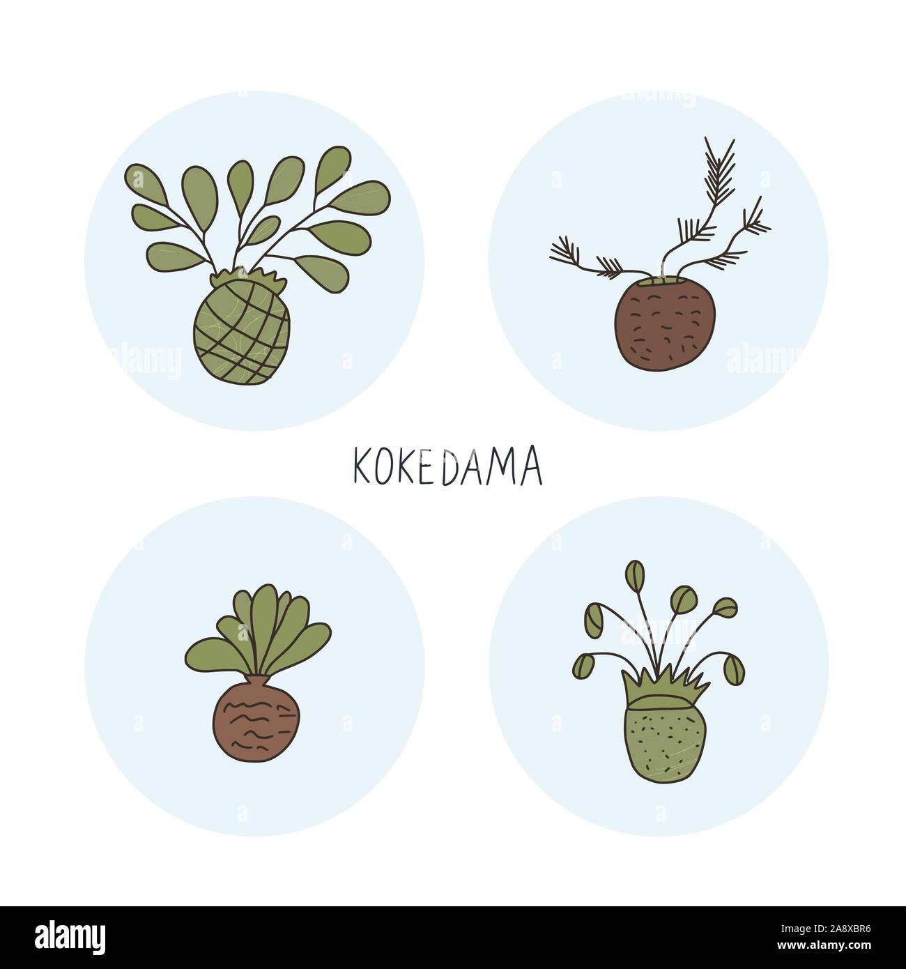 Kokedama set. Green plant collection with text. Vector illustration ...