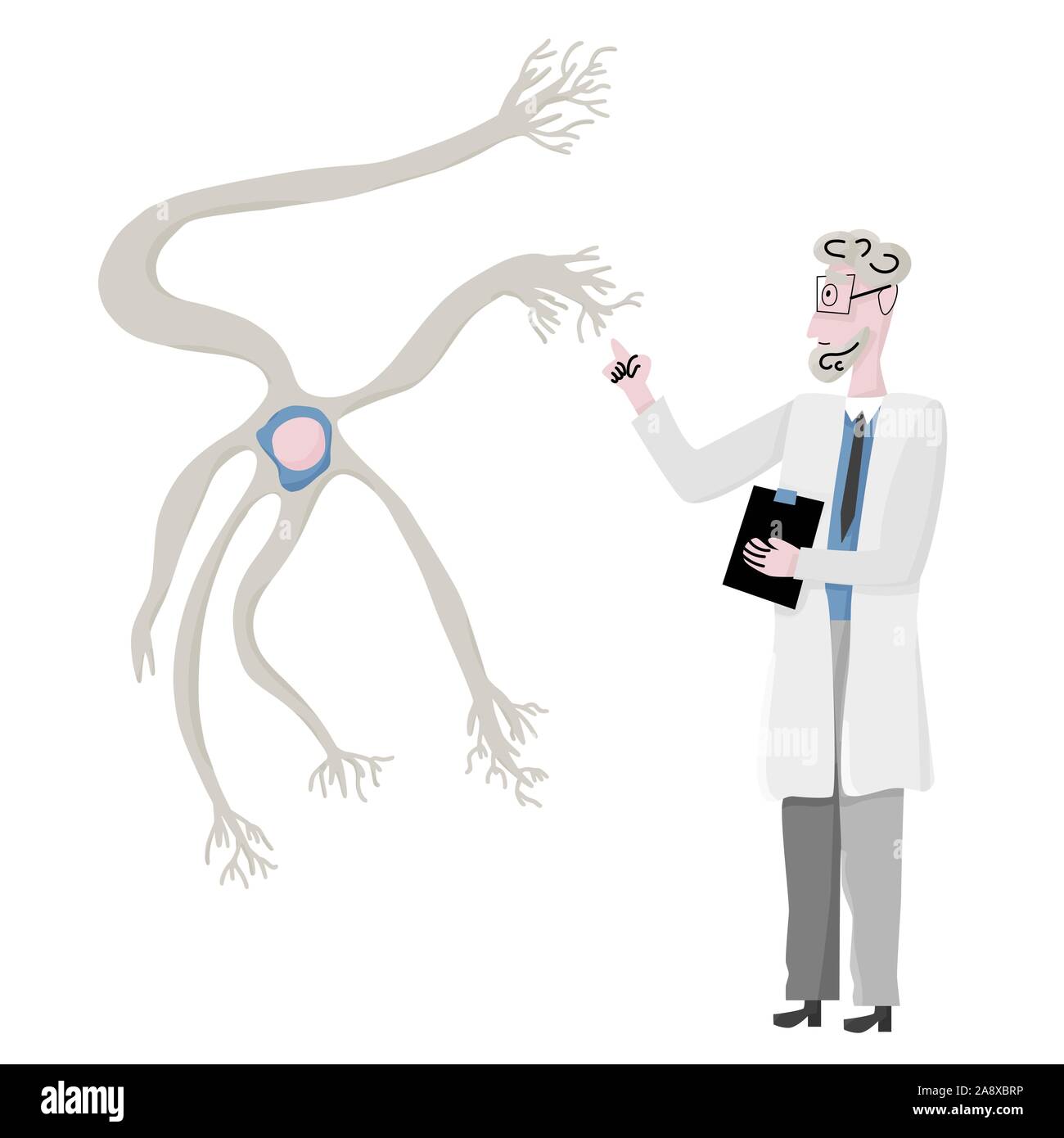 Scientist and giant neuron cells with long axons. Vector illustartion ...