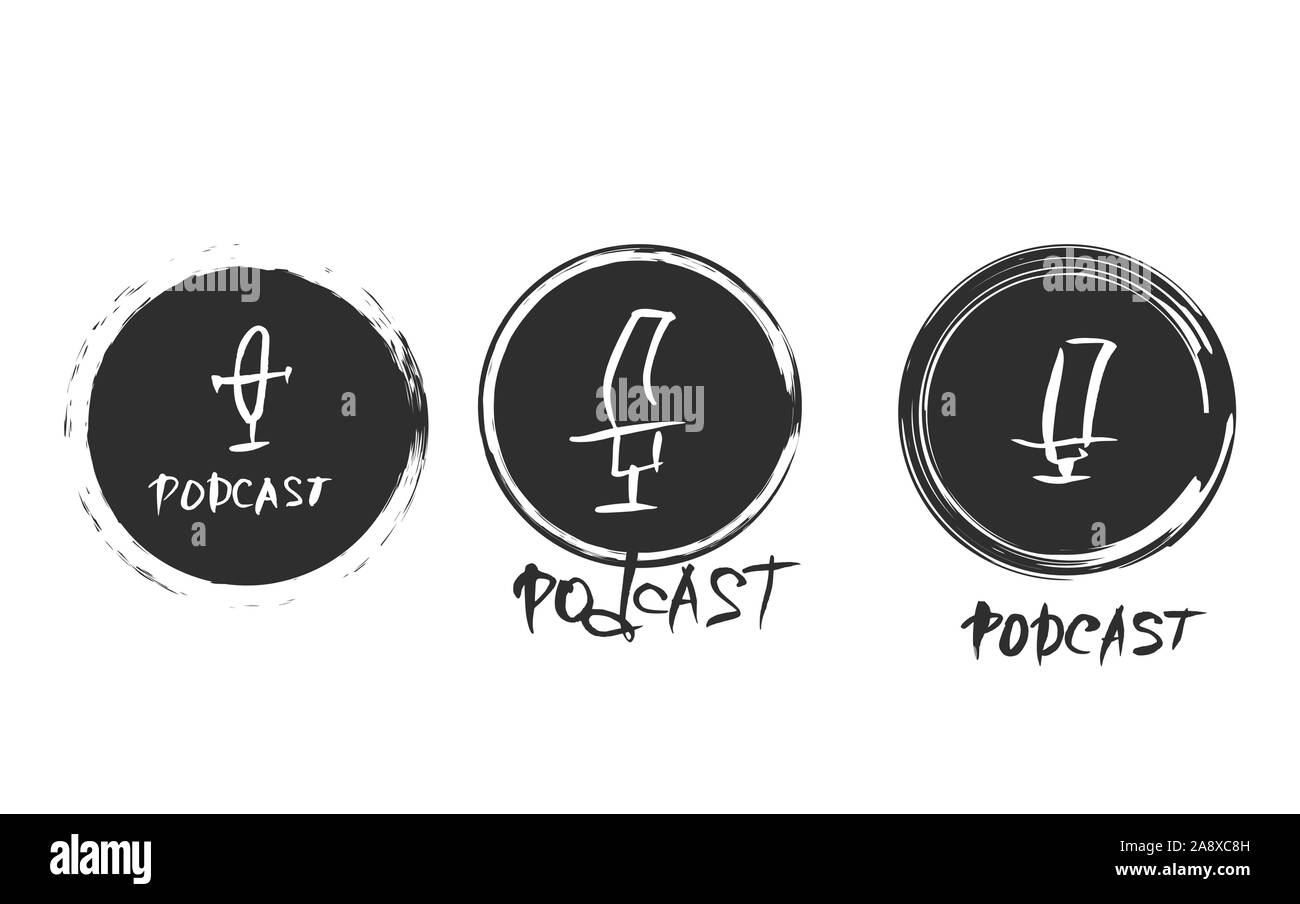 Podcast emblems set. Text and logo. Studio microphone and lettering ...