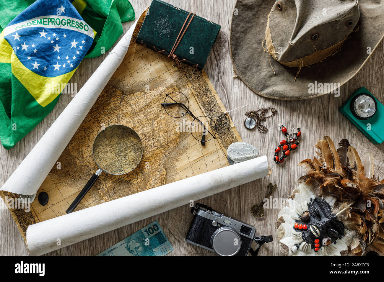 Brazil. Old map, flags and objects associated with Brazil and travel to ...