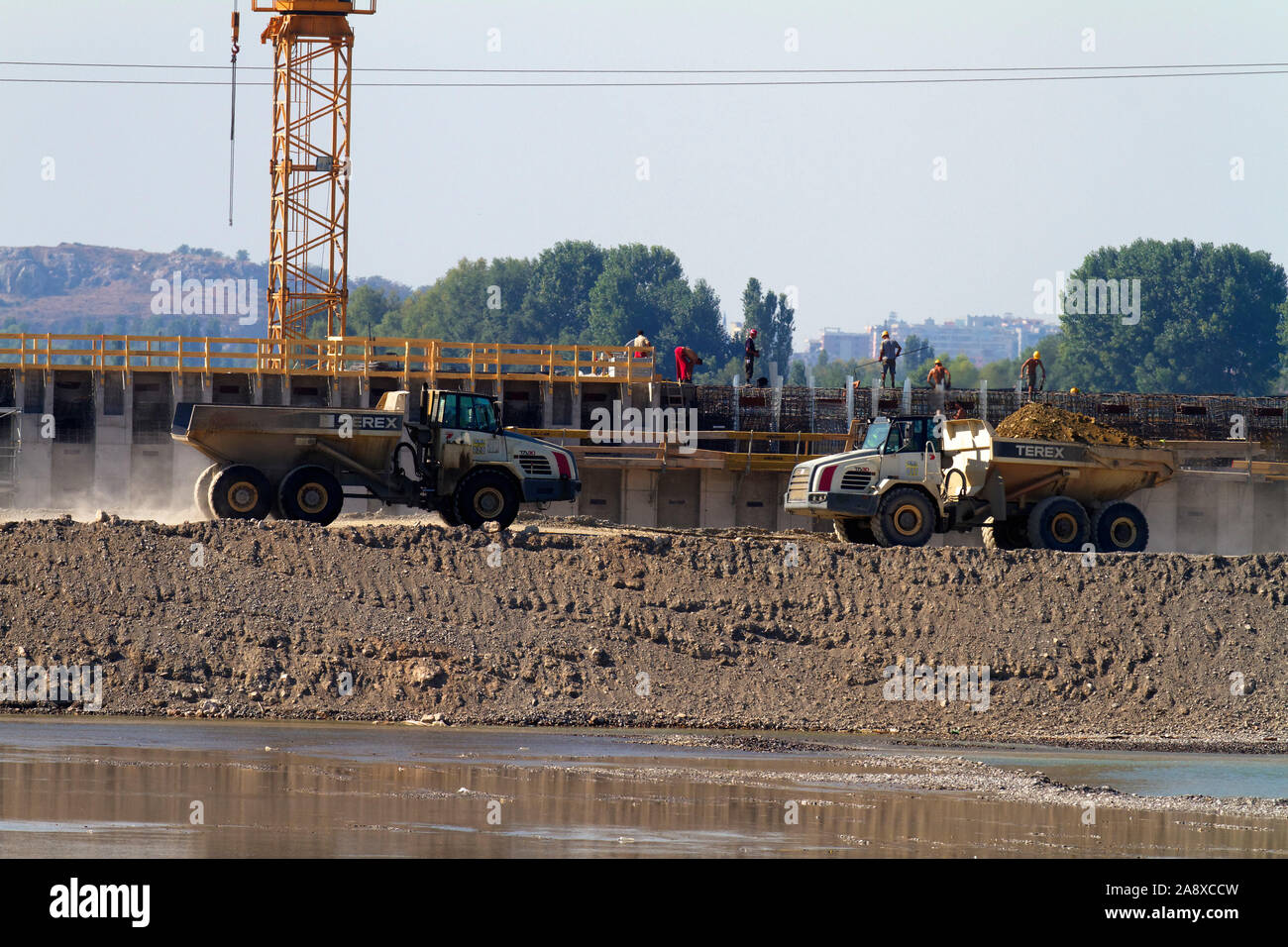The construction of the Ashta dam on the Drini River, Albania Stock ...