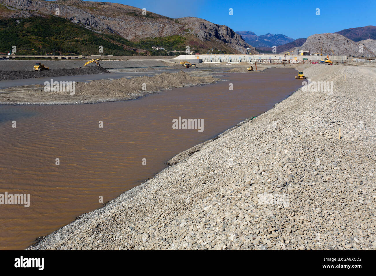 The construction of the Ashta dam on the Drini River, Albania Stock ...