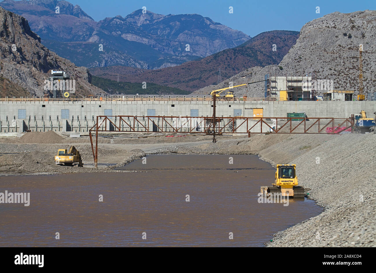 The construction of the Ashta dam on the Drini River, Albania Stock ...