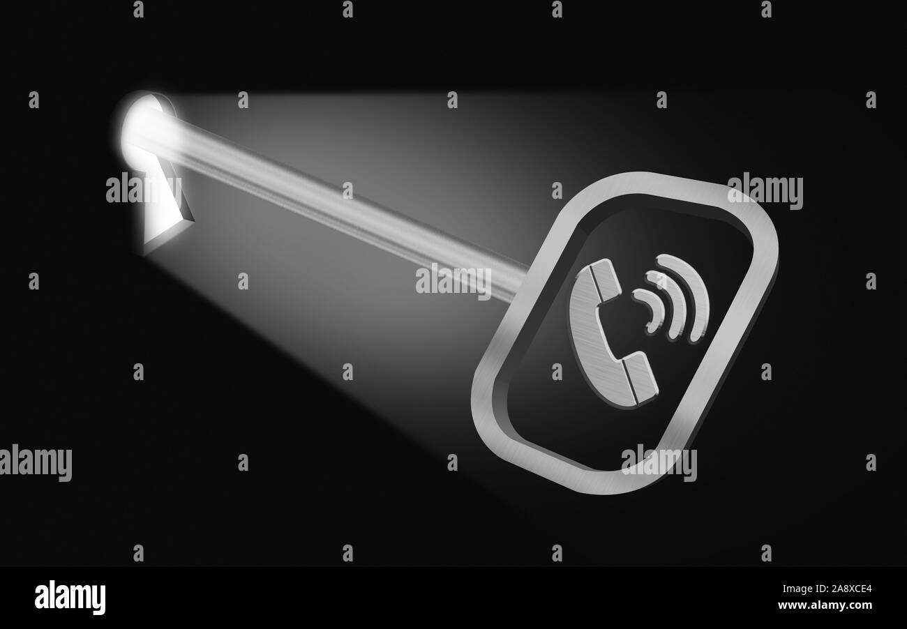 Telephone symbol on a key is opening a door while a bright glowing ...