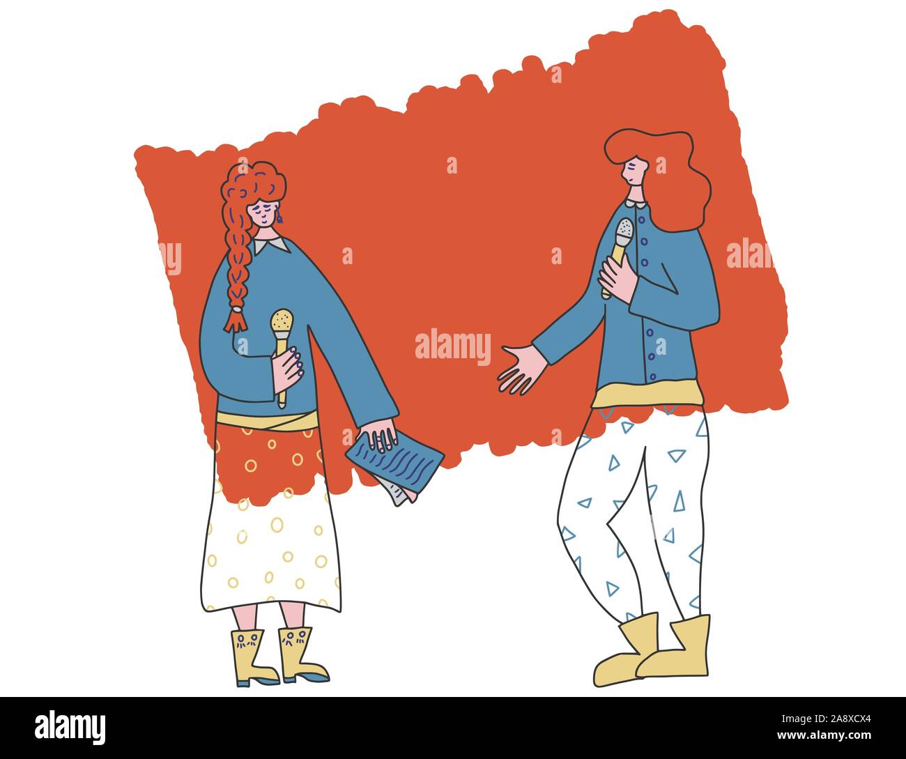 Speakers characters. Two young women standing with microphone. Orator ...