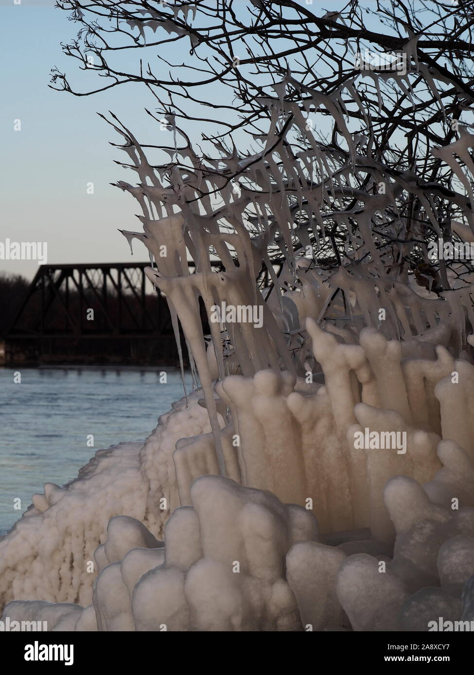 Icy build up on trees and rocky shore. Train bridge in the background ...