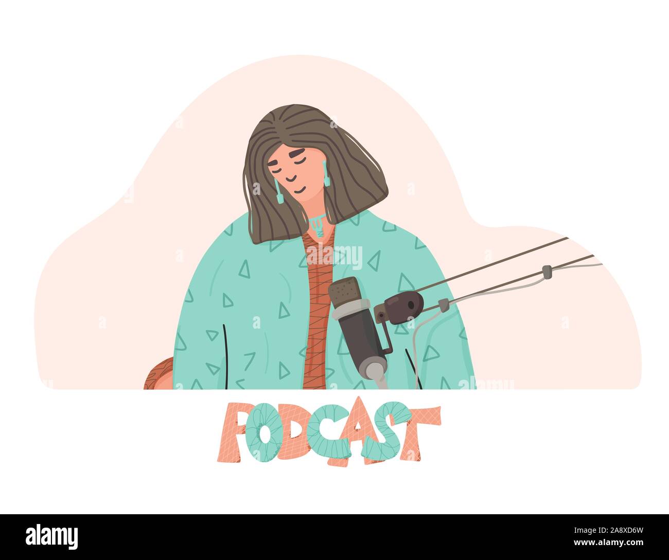 Podcast concept. Woman recording a podcast. Blogger make a new content ...