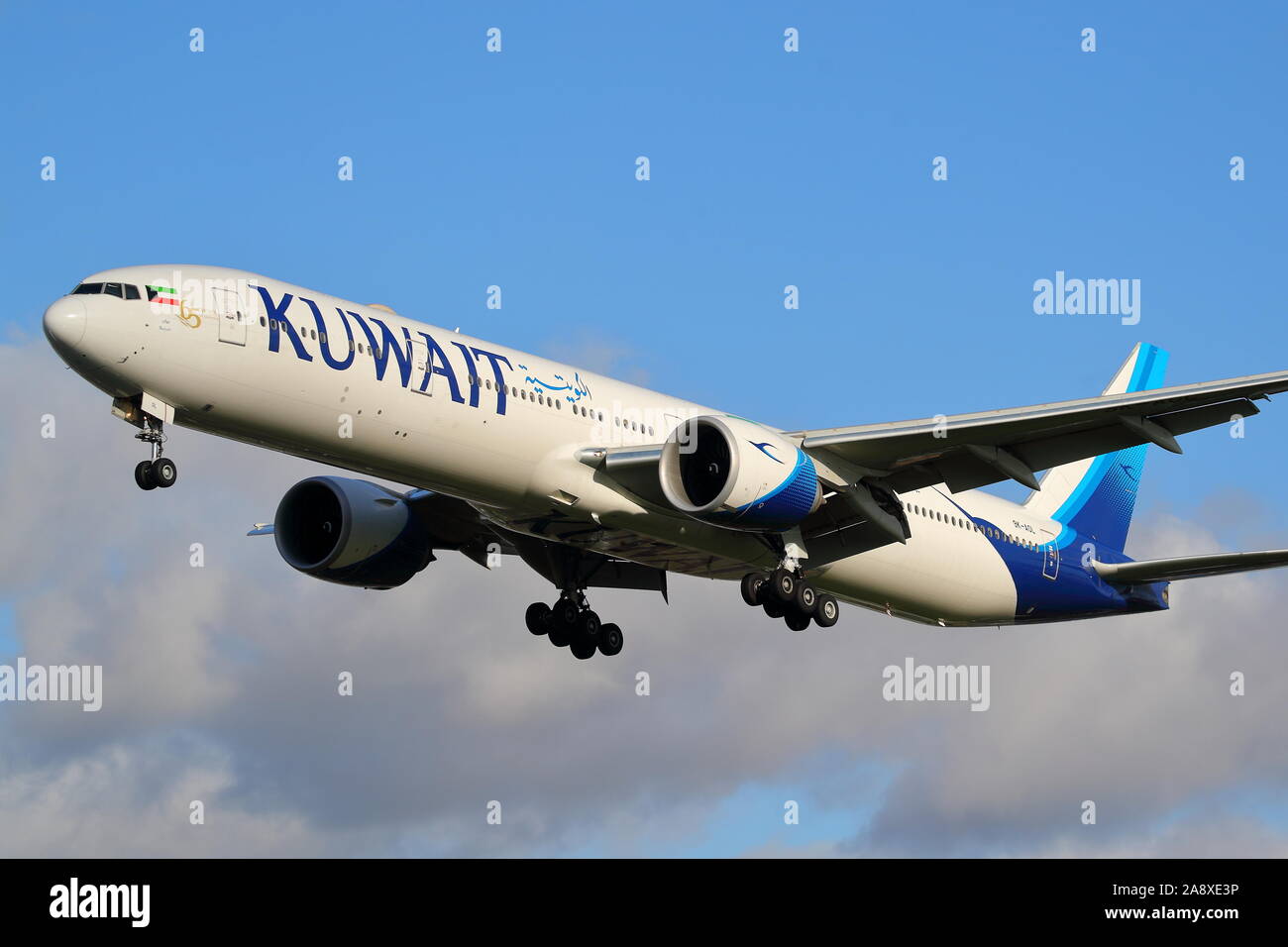 Kuwait Airways Boeing 777 9K-AOL landing at London Heathrow Airport, UK ...