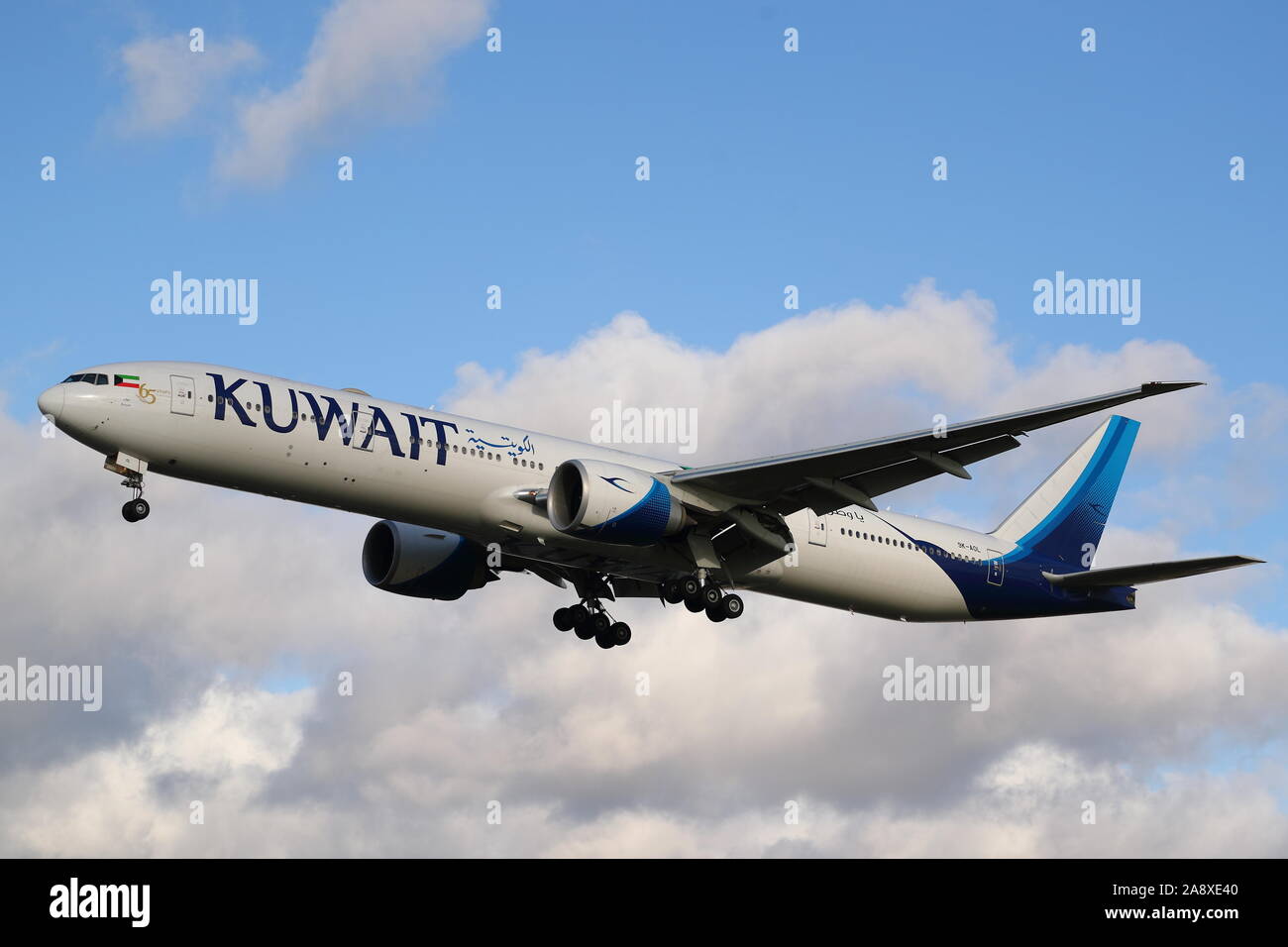 Kuwait Airways Boeing 777 9K-AOL landing at London Heathrow Airport, UK ...