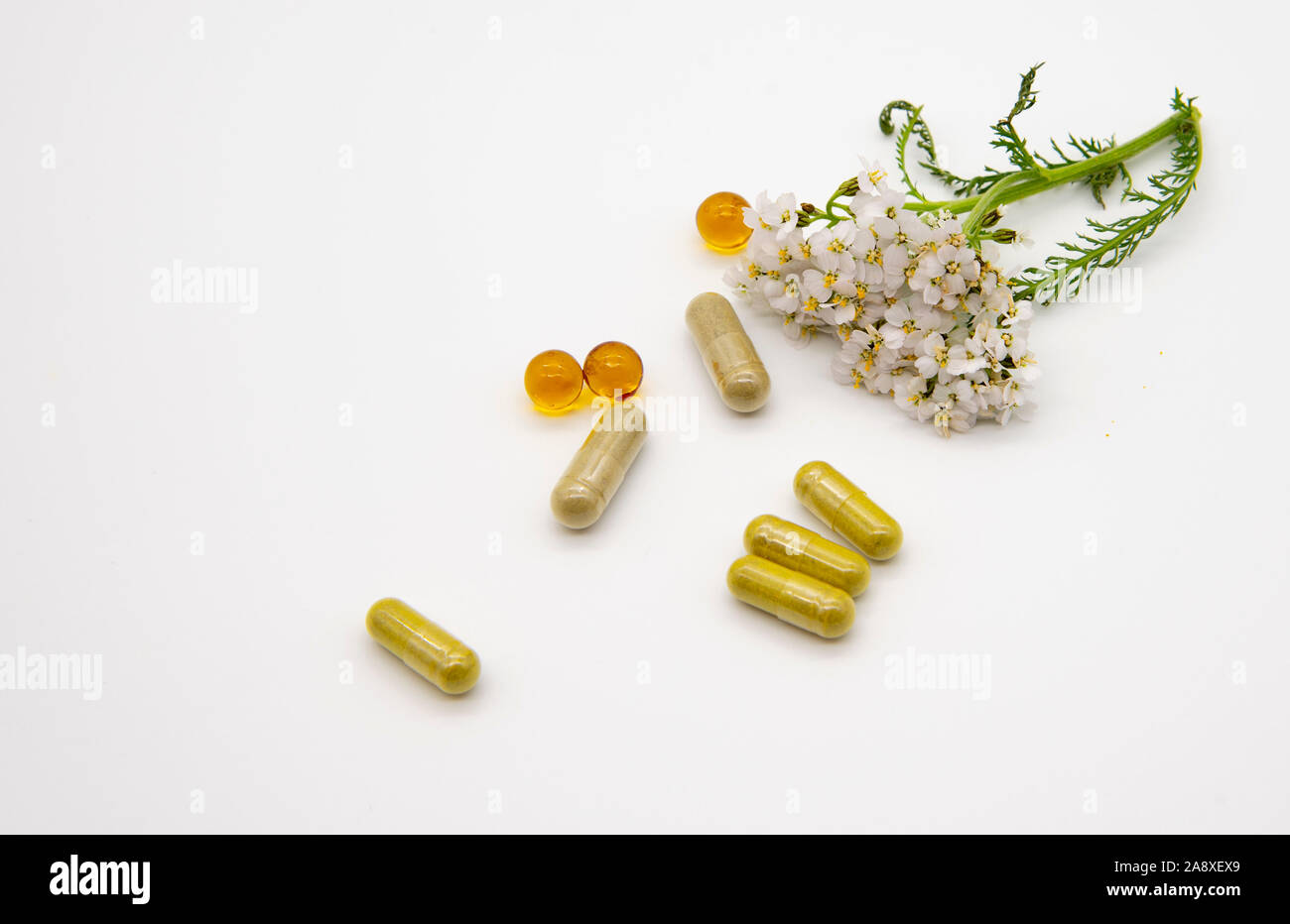 yarrow flower and capsules and pills on a light background Stock Photo ...