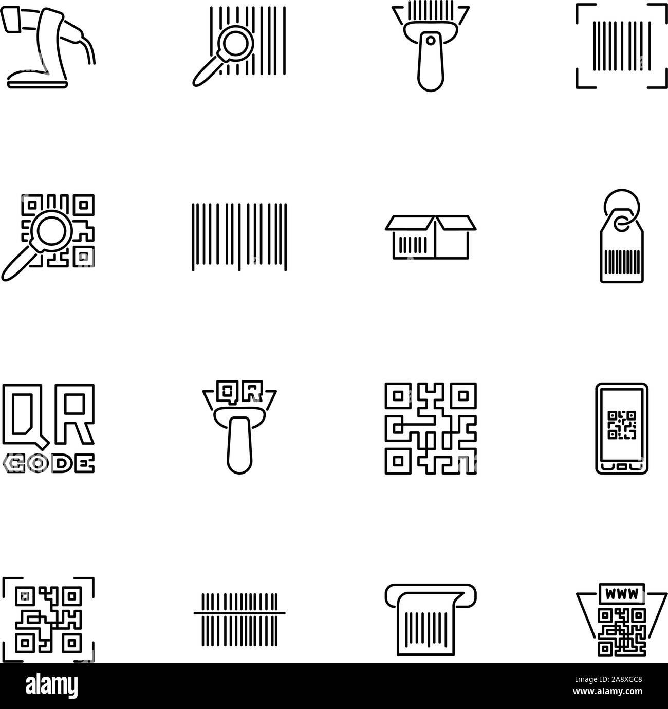 Check, Bar, Qr Code Scan outline icons set - Black symbol on white ...