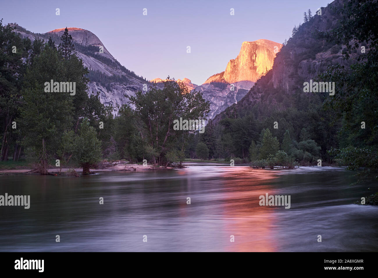 Half Dome and the Merced River at sunset, Yosemite National Park ...