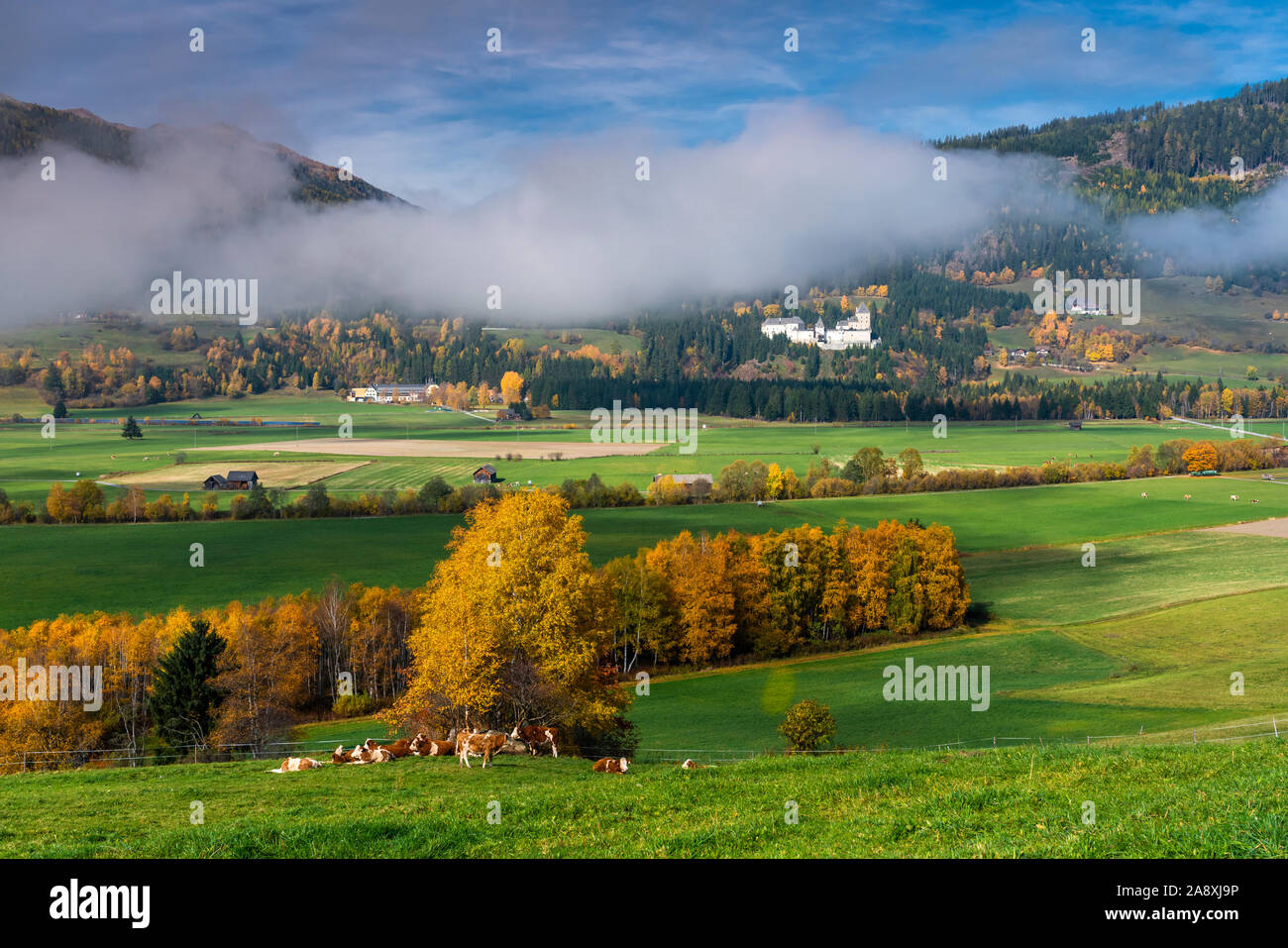 The Moosham Castle with fall foliage color near Unternberg in the ...
