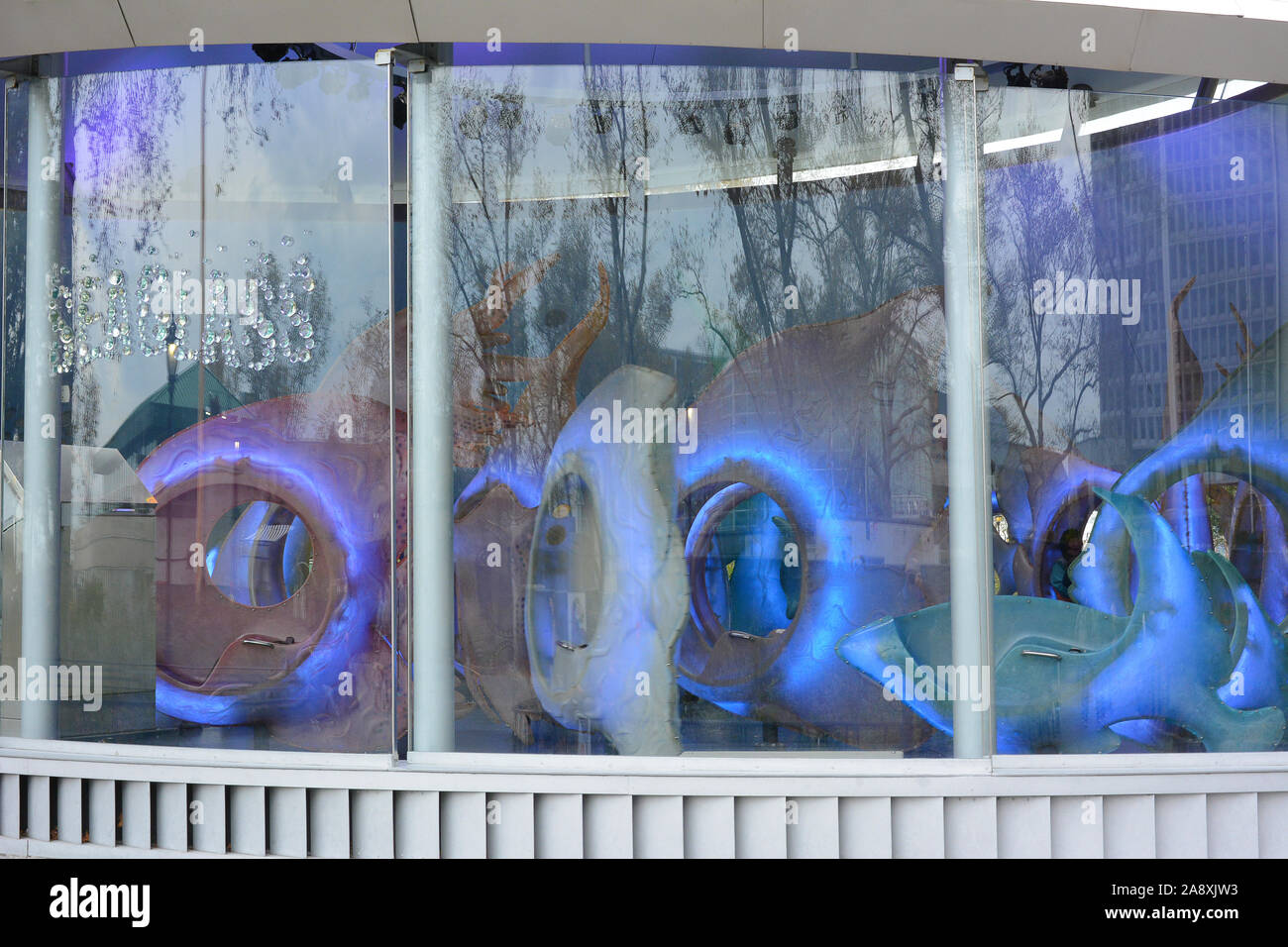 NEW YORK, NY - 05 NOV 2019: Closeup of the SeaGlass Carousel a fish ...