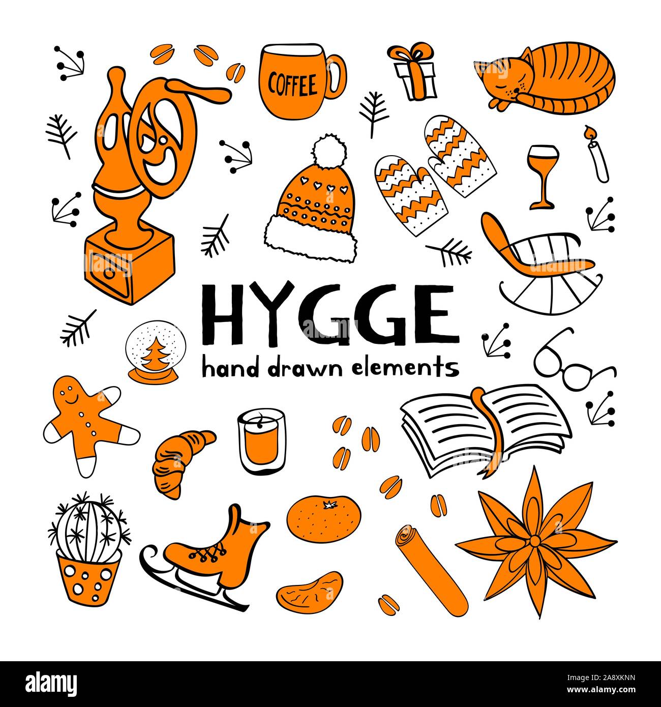 Hygge hand drawn elements. Outline black and white objects with orange ...