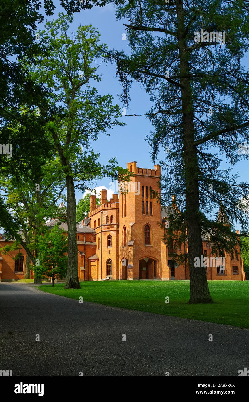 Sangaste, Estonia - July 16, 2010: Old red brick manor house in the ...