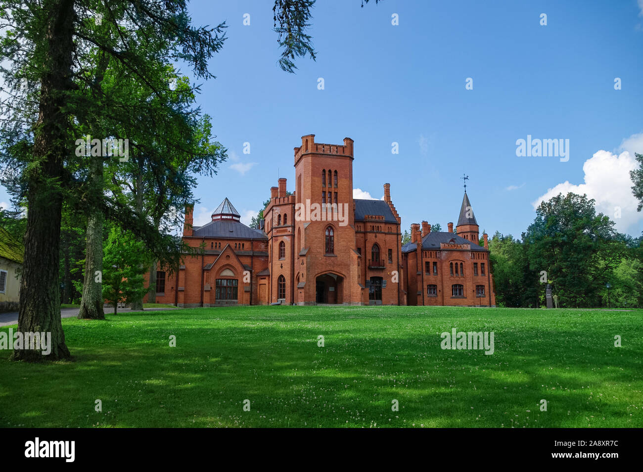 Sangaste, Estonia - July 16, 2010: Old red brick manor house in the ...