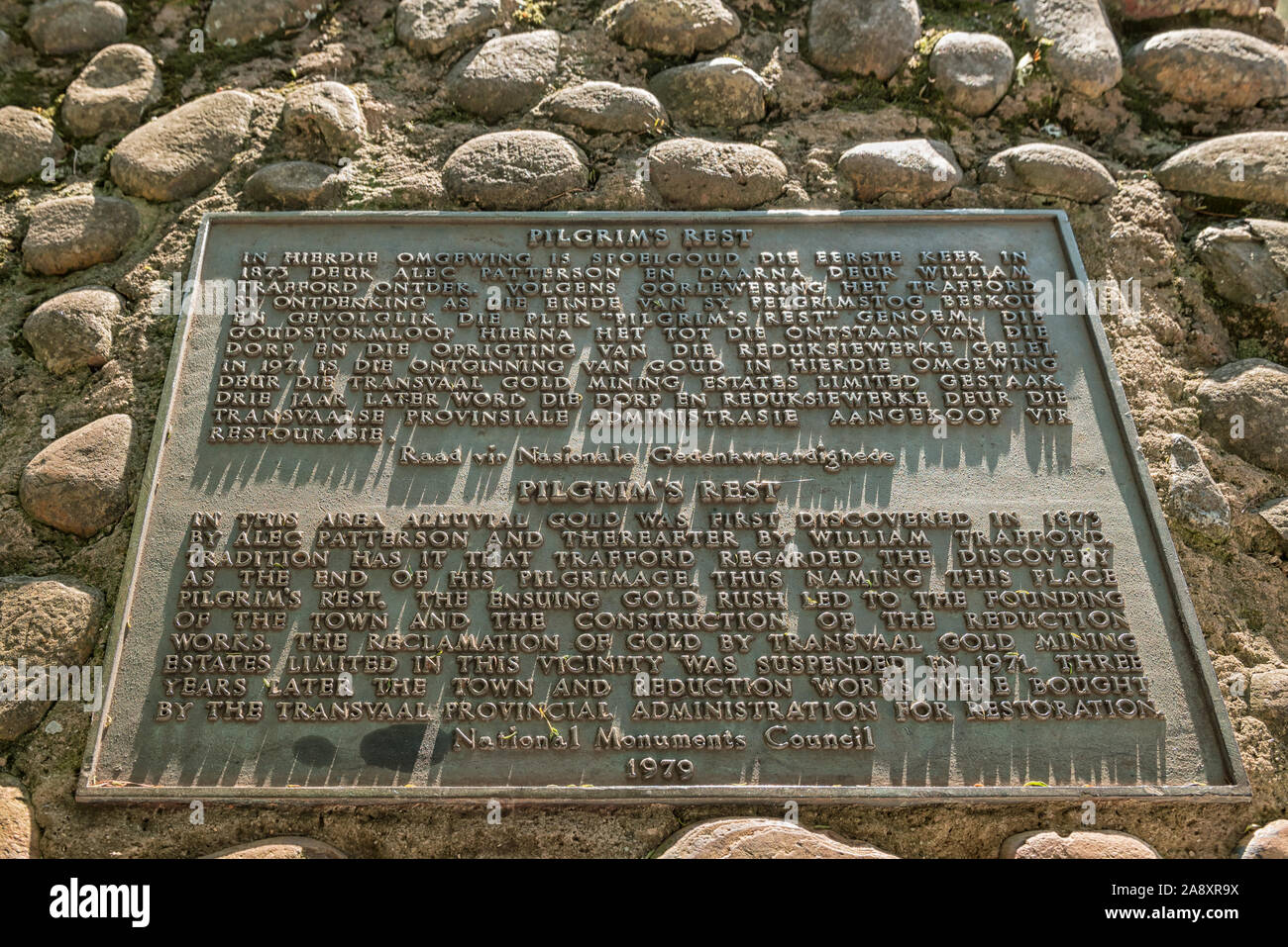 PILGRIMS REST, SOUTH AFRICA - MAY 21, 2019: A memorial plaque in the ...