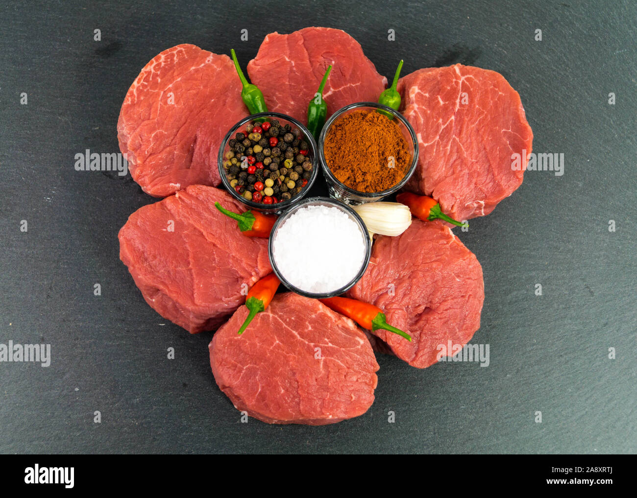 raw beef filet Steak with spices Stock Photo - Alamy