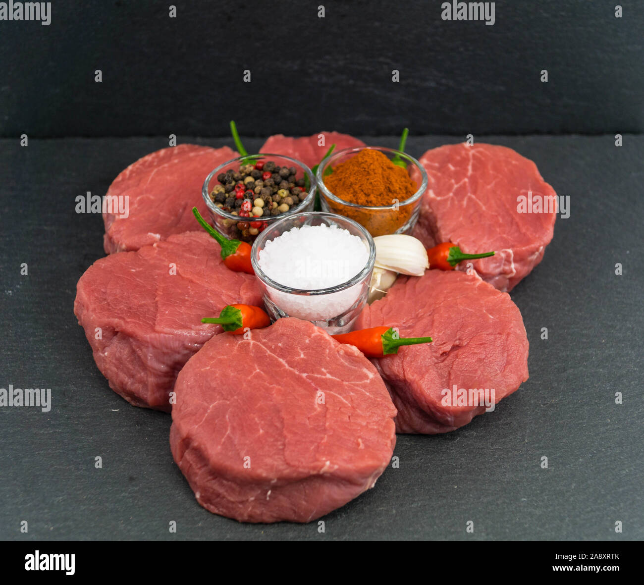 raw beef filet Steak with spices Stock Photo - Alamy