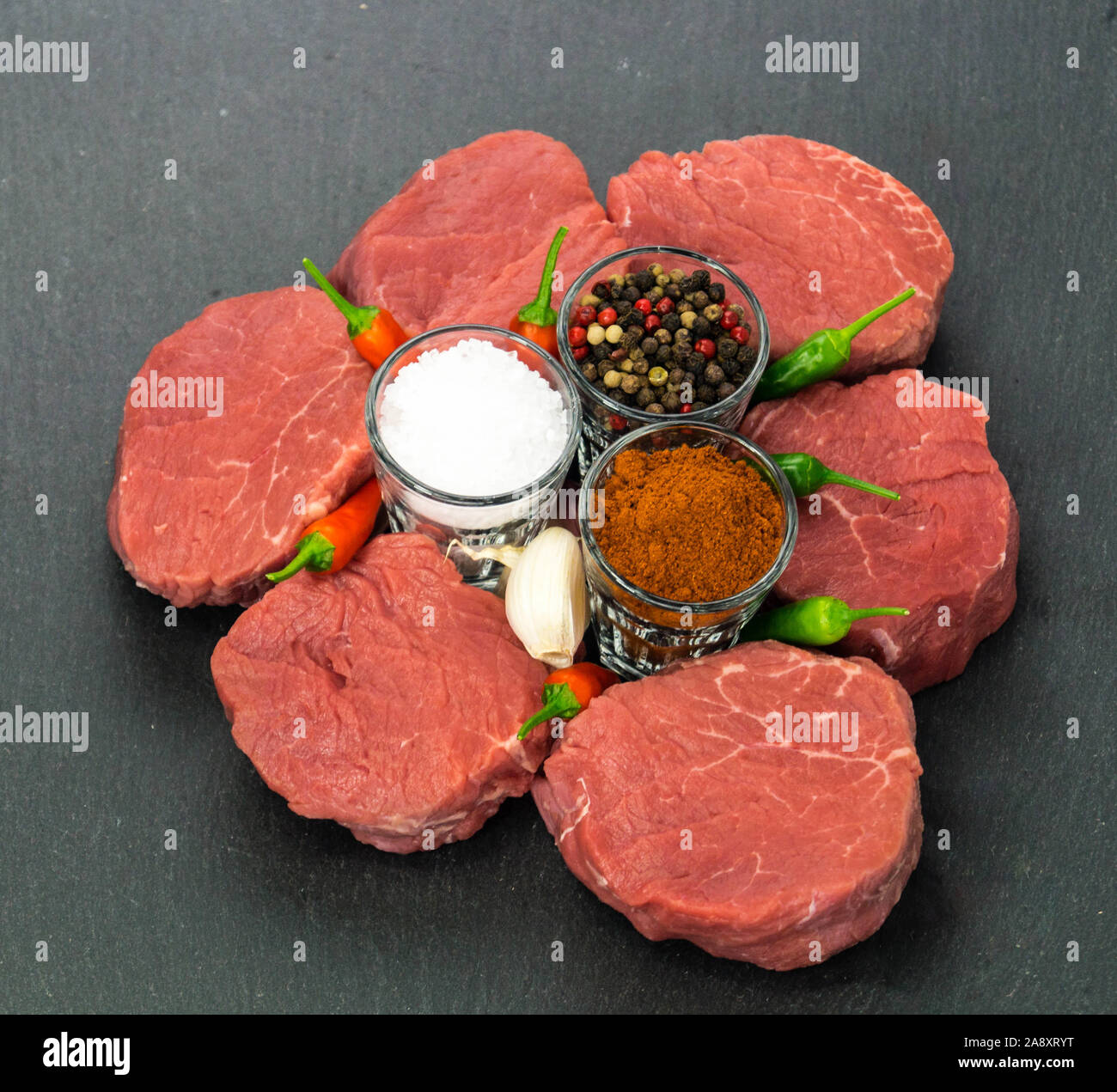 raw beef filet Steak with spices Stock Photo - Alamy