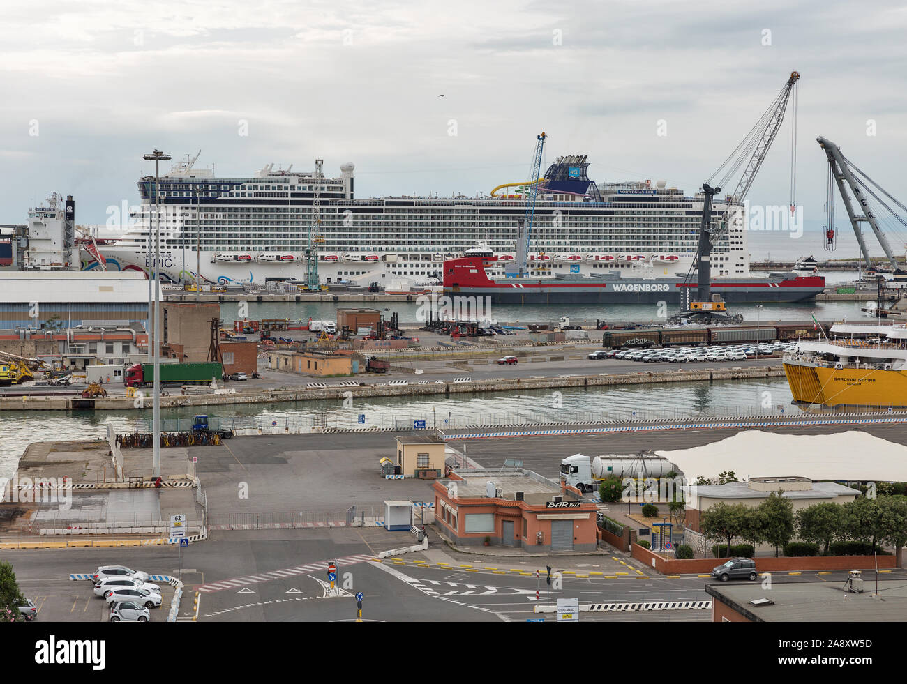 LIVORNO, ITALY - JULY 11, 2019: Ships moored in ferry port terminal ...