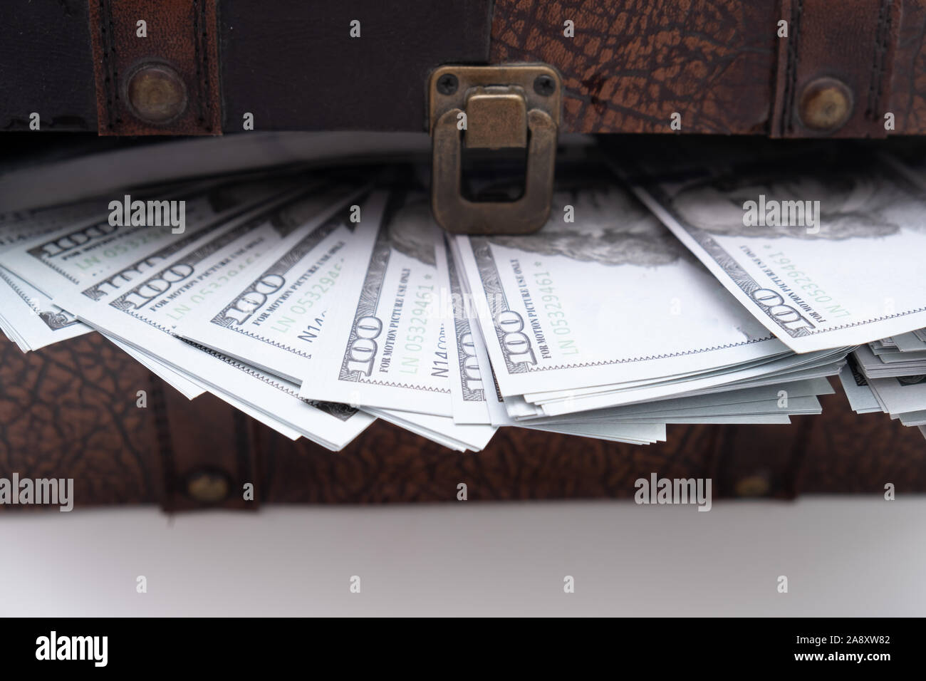 vintage open chest with lots of money dollar bills. Concept of wealth ...
